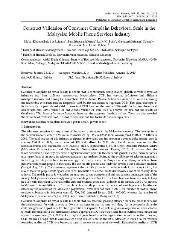 (PDF) Construct Validation of Consumer Complaint Behavioral Scale in the Malaysian Mobile Phone ...