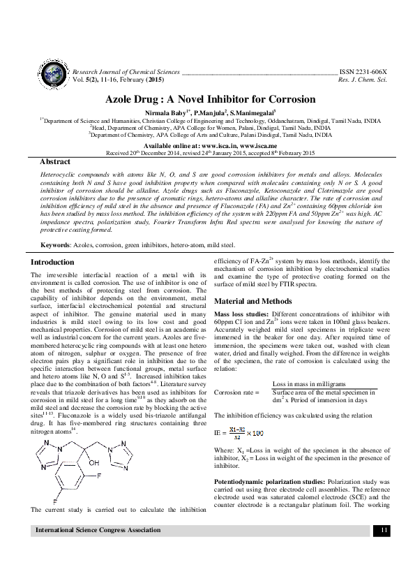 (PDF) Azole Drug : A Novel Inhibitor for Corrosion