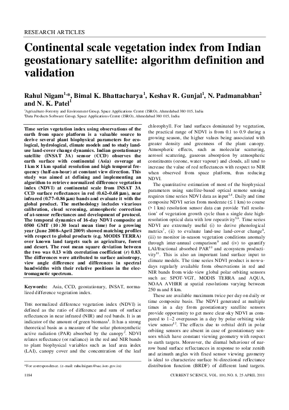 (PDF) Continental scale vegetation index from Indian geostationary satellite: algorithm ...