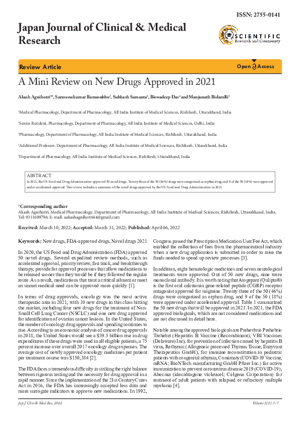 (PDF) A Mini Review on New Drugs Approved in 2021