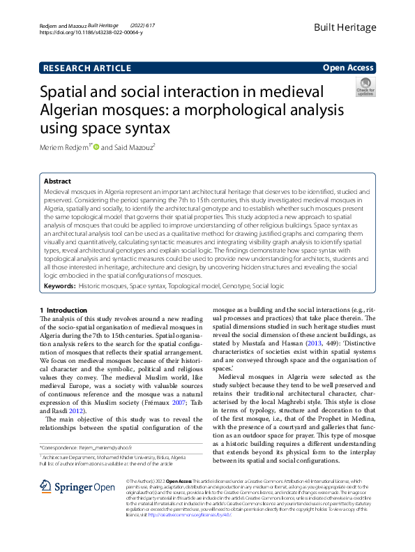 (PDF) Spatial and social interaction in medieval Algerian mosques: a morphological analysis ...