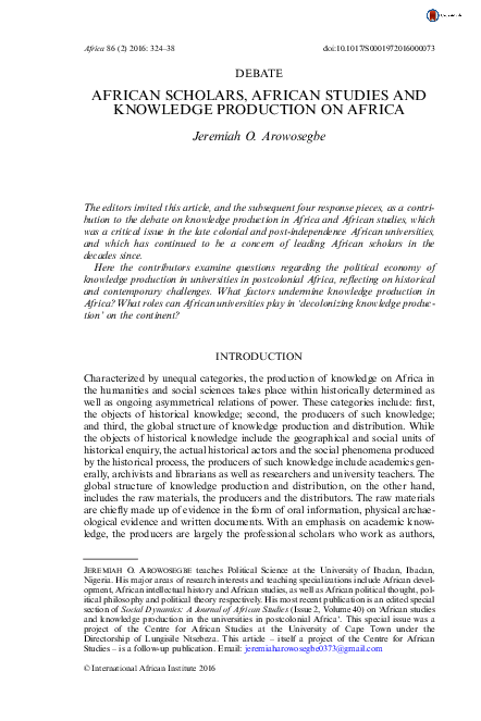 (PDF) African Scholars, African Studies and Knowledge Production on Africa