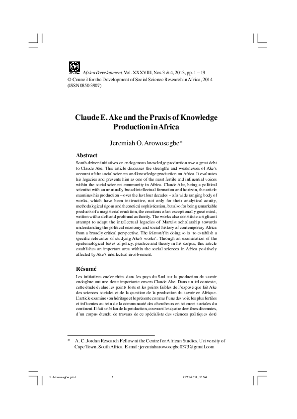 (PDF) Claude E. Ake and the Praxis of Knowledge Production in Africa