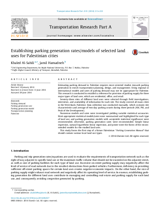 (PDF) Establishing parking generation rates/models of selected land ...