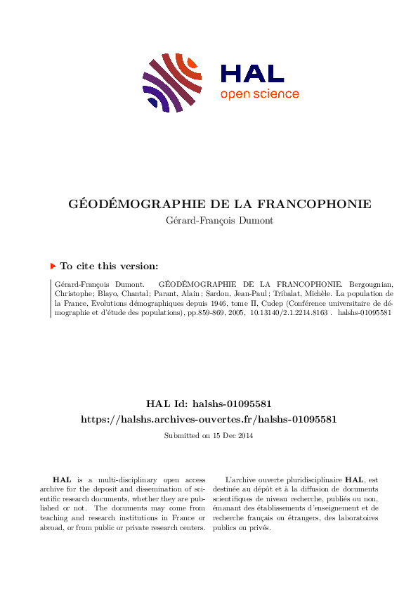 (PDF) GÉODEMOGRAPHIE DE LA FRANCOPHONIE [Francophonie’s geodemography]
