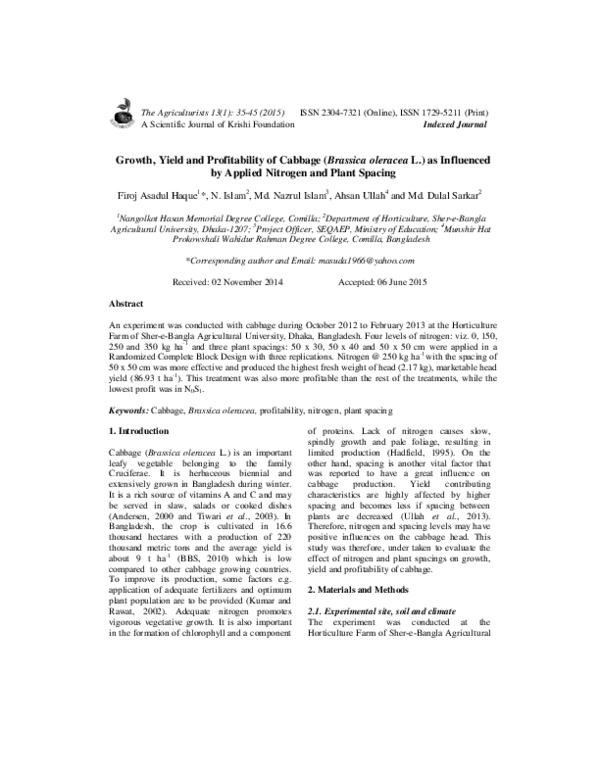 (PDF) Growth, Yield and Profitability of Cabbage ( Brassica oleracea L.) as Influenced by ...