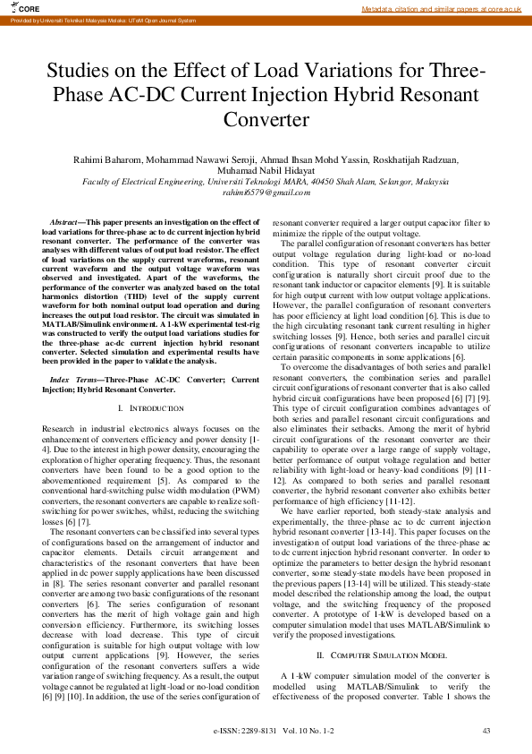 Studies on the Effect of Load Variations for Three-Phase AC-DC Current Injection Hybrid Resonant ...