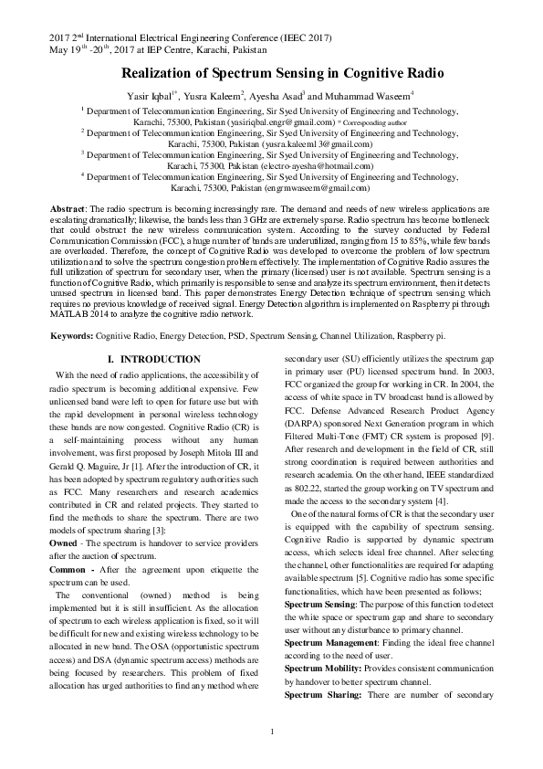 (PDF) Realization of Spectrum Sensing in Cognitive Radio