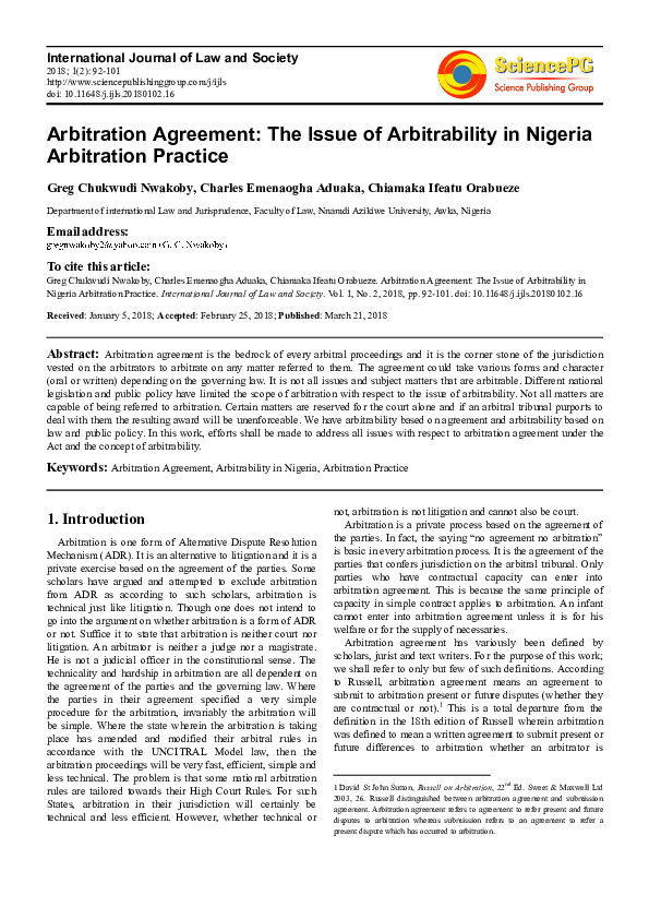 (PDF) Arbitration Agreement: The Issue of Arbitrability in Nigeria ...