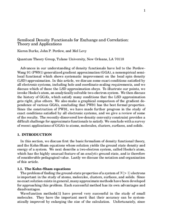 (PDF) Semilocal density functionals for exchange and correlation: Theory and applications