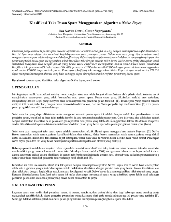 (PDF) Klasifikasi Teks Pesan Spam Menggunakan Algoritma Naïve Bayes