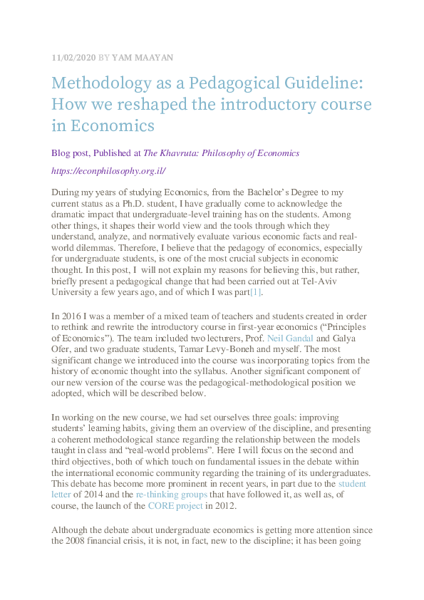 (PDF) Methodology as a Pedagogical Guideline: How we reshaped the introductory course in Economics
