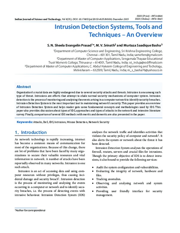 (PDF) Intrusion Detection Systems, Tools and Techniques – An Overview