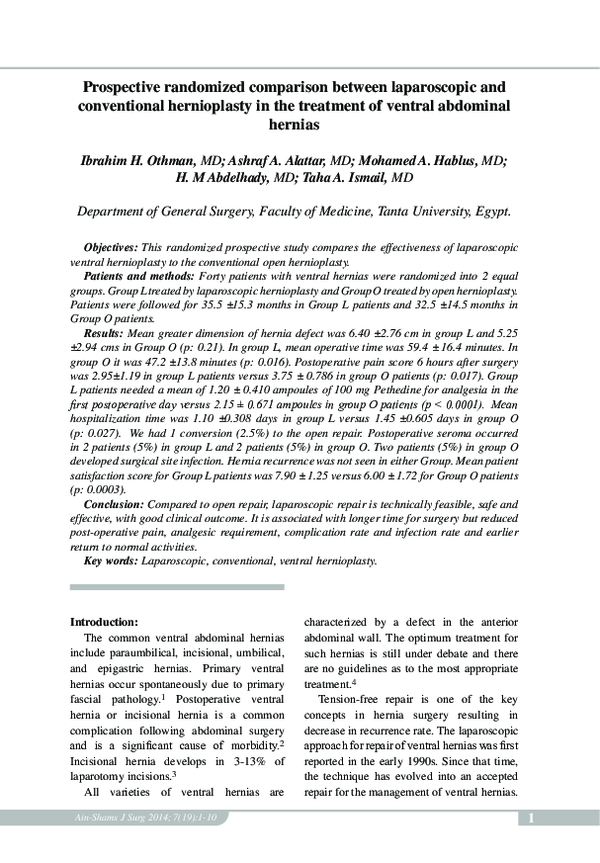 (PDF) Prospective randomized comparison between laparoscopic and conventional hernioplasty in ...