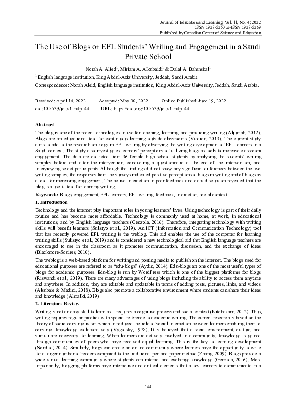(PDF) The Use of Blogs on EFL Students’ Writing and Engagement in a ...