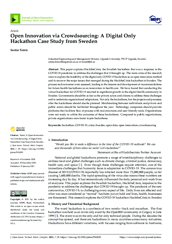 (PDF) Open Innovation via Crowdsourcing: A Digital Only Hackathon Case Study from Sweden
