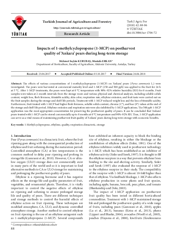 (PDF) Impacts of 1-methylcyclopropene (1-MCP) on postharvest quality of 'Ankara' pears during ...