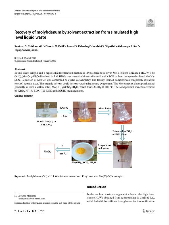 (PDF) Recovery of molybdenum by solvent extraction from simulated high ...