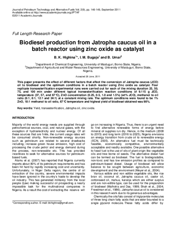 (PDF) Biodiesel production from Jatropha caucus oil in a batch reactor ...