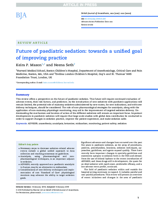 (PDF) Future of paediatric sedation: towards a unified goal of improving practice