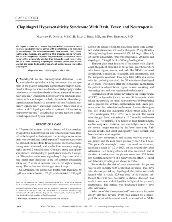 (PDF) Clopidogrel Hypersensitivity Syndrome With Rash, Fever, and ...