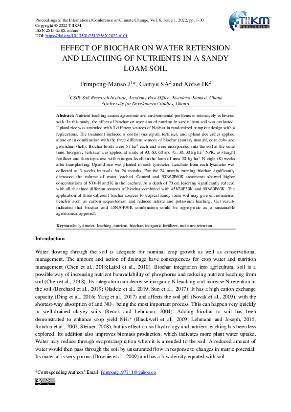 (PDF) EFFECT OF BIOCHAR ON WATER RETENSION AND LEACHING OF NUTRIENTS IN ...
