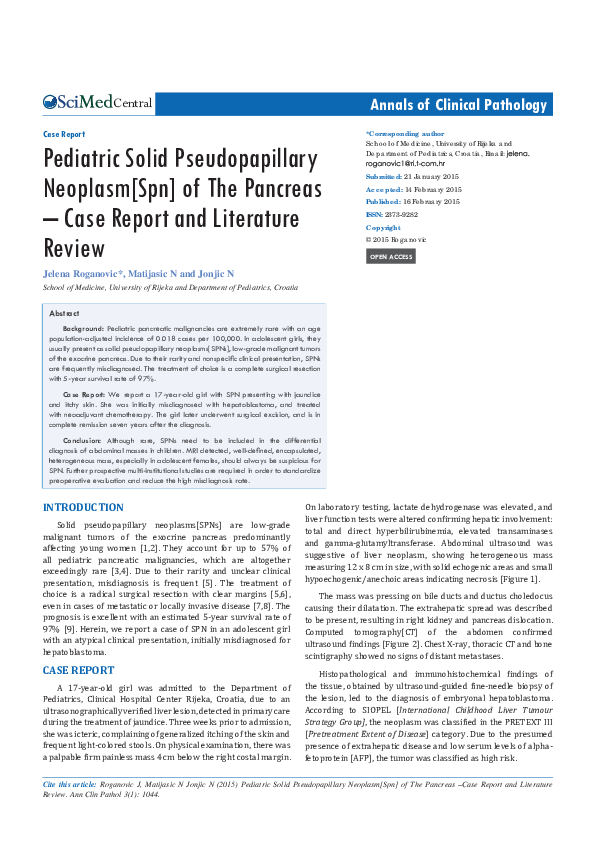 (PDF) Pediatric Solid Pseudopapillary Neoplasm[Spn] of The Pancreas ...