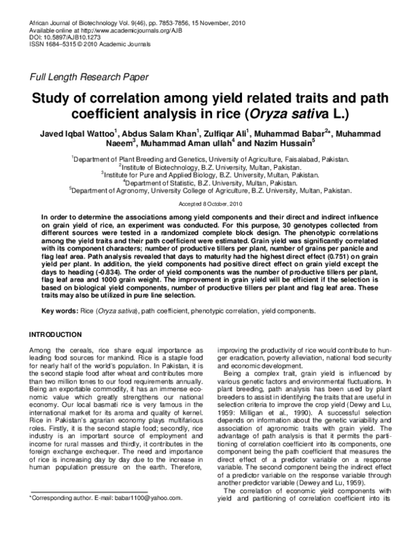 (PDF) Study of correlation among yield related traits and path coefficient analysis in rice ...