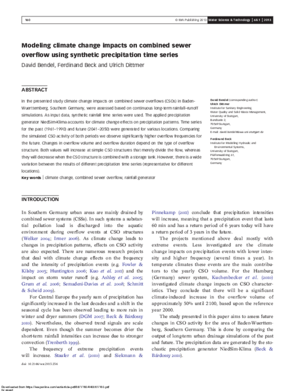 (PDF) Modeling climate change impacts on combined sewer overflow using synthetic precipitation ...