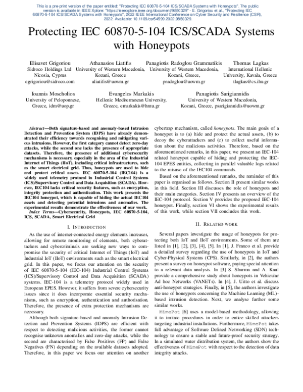 Pdf Protecting Iec 60870 5 104 Ics Scada Systems With Honeypots