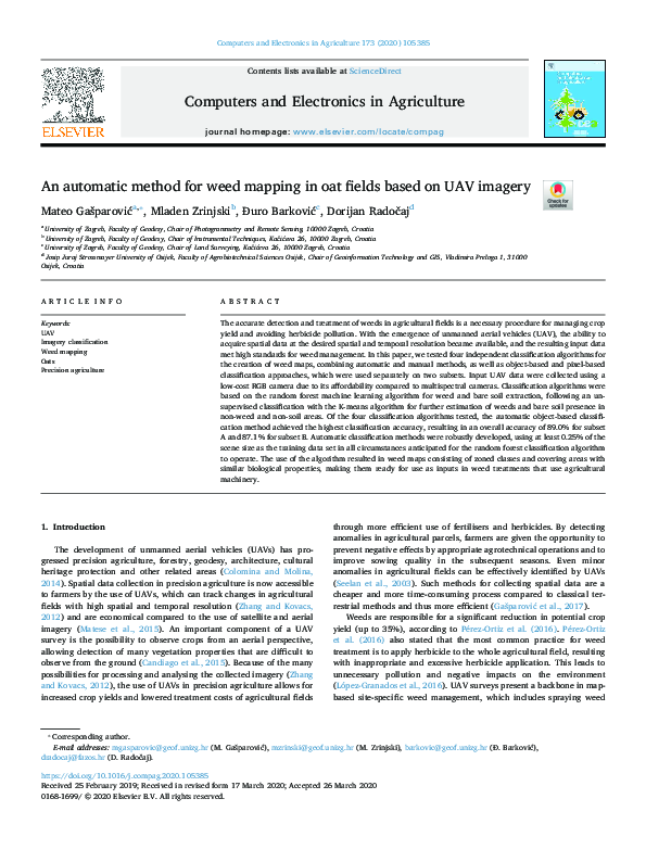 Pdf An Automatic Method For Weed Mapping In Oat Fields Based On Uav