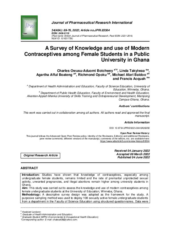 (PDF) A Survey of Knowledge and use of Modern Contraceptives among ...