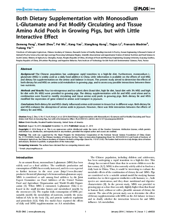 (PDF) Both Dietary Supplementation with Monosodium L-Glutamate and Fat Modify Circulating and ...