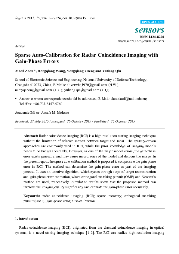(PDF) Sparse Auto-Calibration for Radar Coincidence Imaging with Gain-Phase Errors