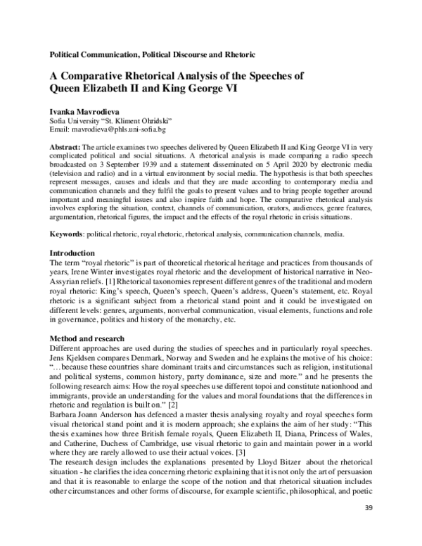 (PDF) A Comparative Rhetorical Analysis of the Speeches of Queen ...