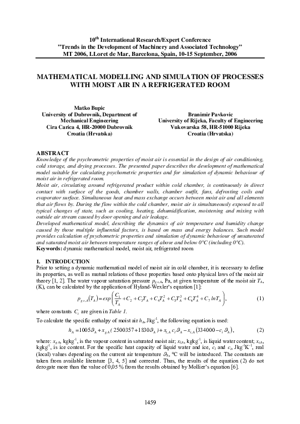 (PDF) Mathematical Modelling and Simulation of Processes with Moist Air in a Refrigerated Room