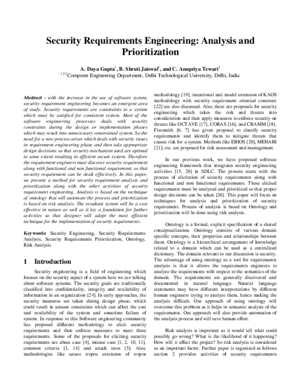 (PDF) Security Requirements Engineering: Analysis and Prioritization