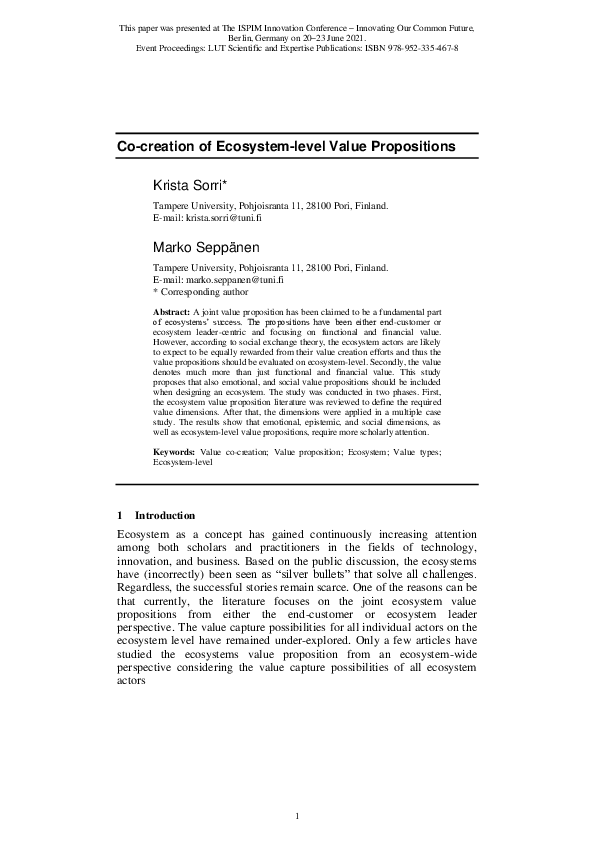 (PDF) Co-creation of Ecosystem-level Value Propositions