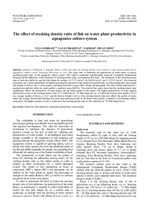 (PDF) The effect of stocking density ratio of fish on water plant ...