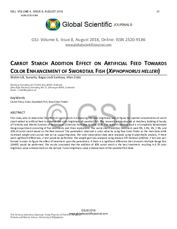 (PDF) Carrot Starch Addition Effect on Artificial Feed Towards Color ...