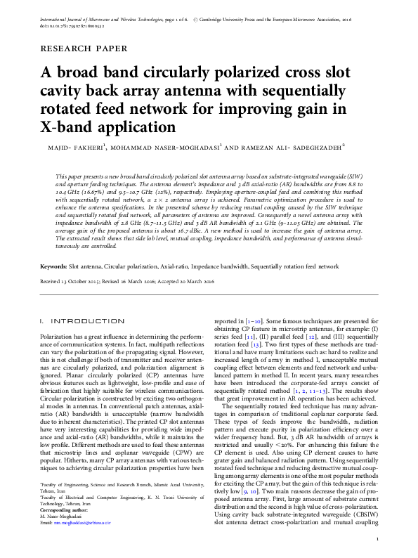 (PDF) A broad band circularly polarized cross slot cavity back array antenna with sequentially ...