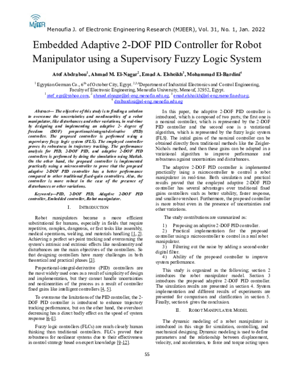 Pdf Embedded Adaptive 2 Dof Pid Controller For Robot Manipulator Using A Supervisory Fuzzy