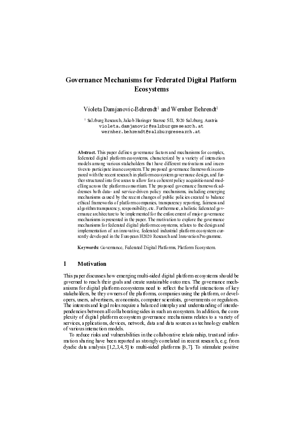 (PDF) Governance Mechanisms for Federated Digital Platform Ecosystems