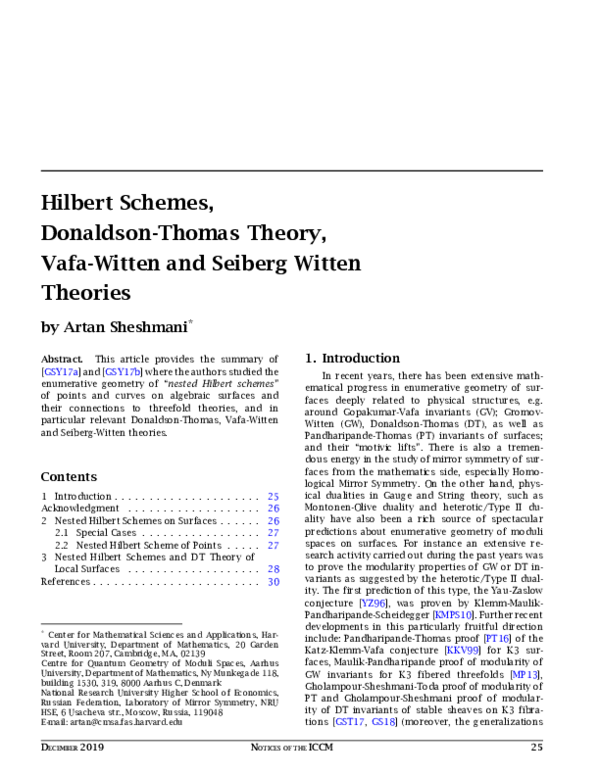(PDF) Hilbert schemes, Donaldson–Thomas theory, Vafa–Witten and Seiberg–Witten theory | Artan ...