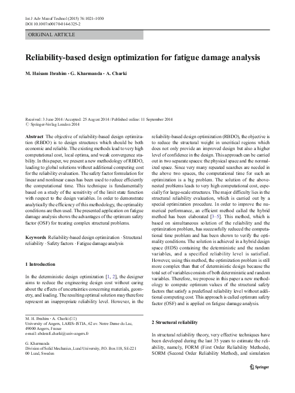 (PDF) Reliability-based design optimization for fatigue damage analysis