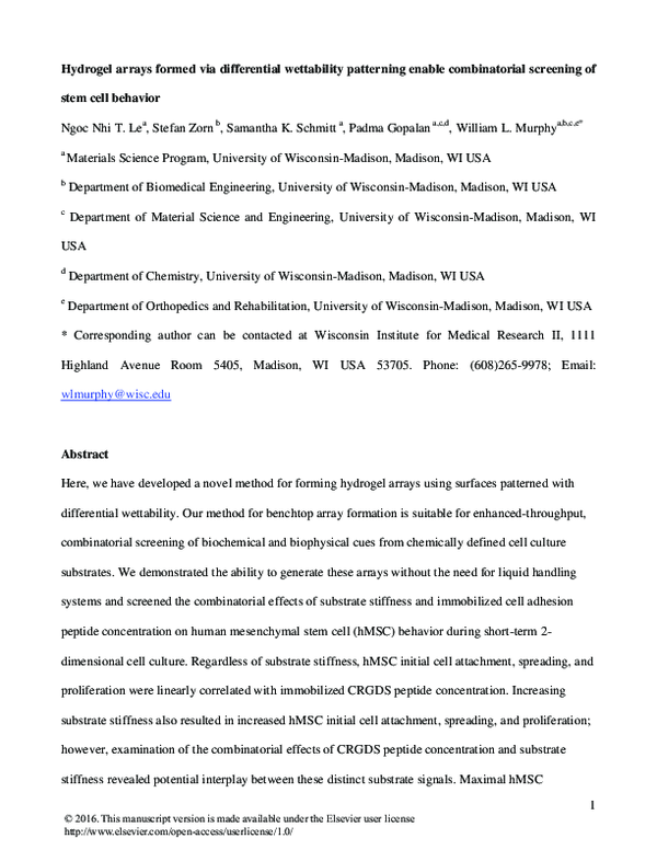 (PDF) Hydrogel arrays formed via differential wettability patterning ...