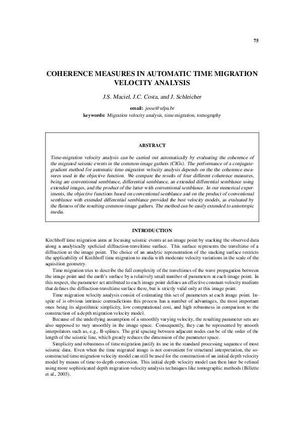(PDF) Coherence measures in automatic time-migration velocity analysis