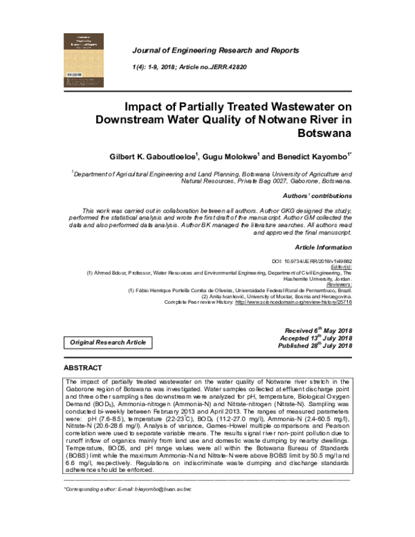 (PDF) Impact of Partially Treated Wastewater on Downstream Water ...