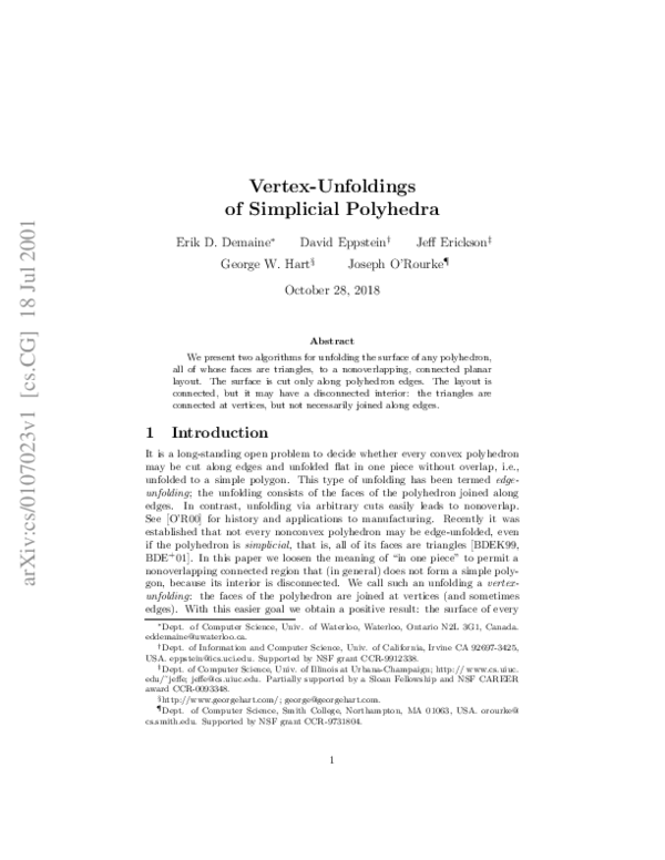 (PDF) Vertex-Unfoldings of Simplicial Polyhedra | Joseph O'Rourke ...