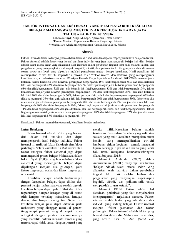 (PDF) Faktor Internal Dan Eksternal Yang Mempengaruhi Kesulitan Belajar Mahasiswa Semester IV ...